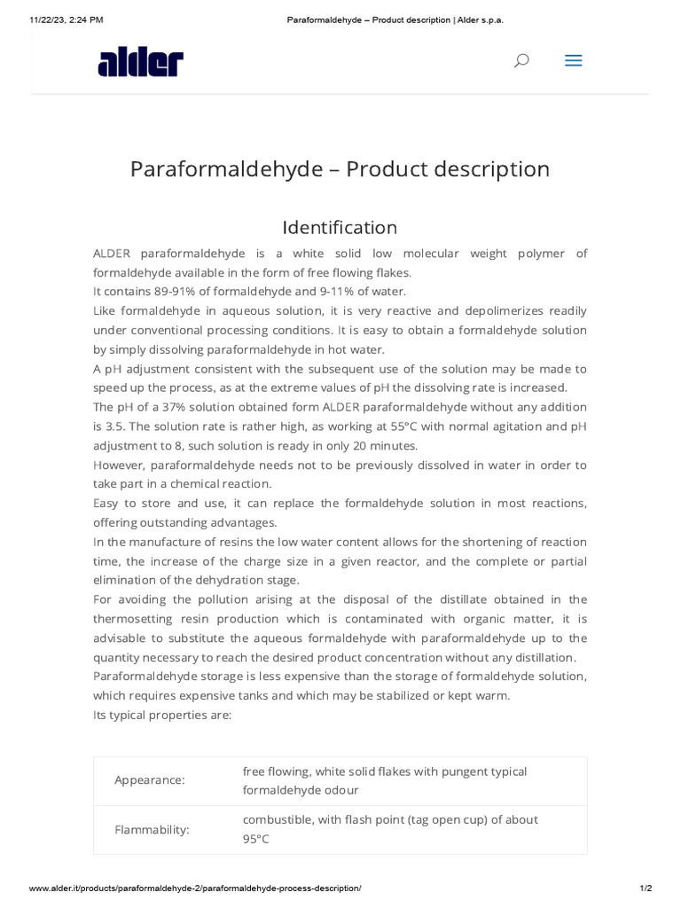 Paraformaldehyde - Product Description - Alder S.P.A | PDF ...
