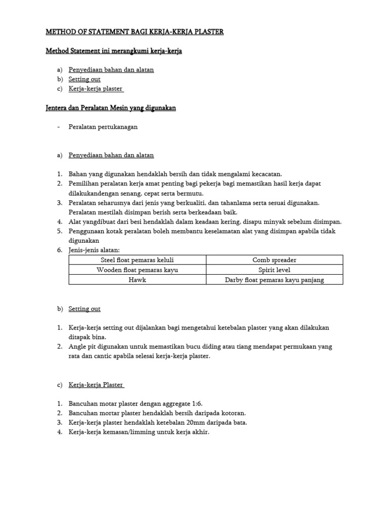 METHOD OF STATEMENT - Kerja-Kerja Plaster | PDF