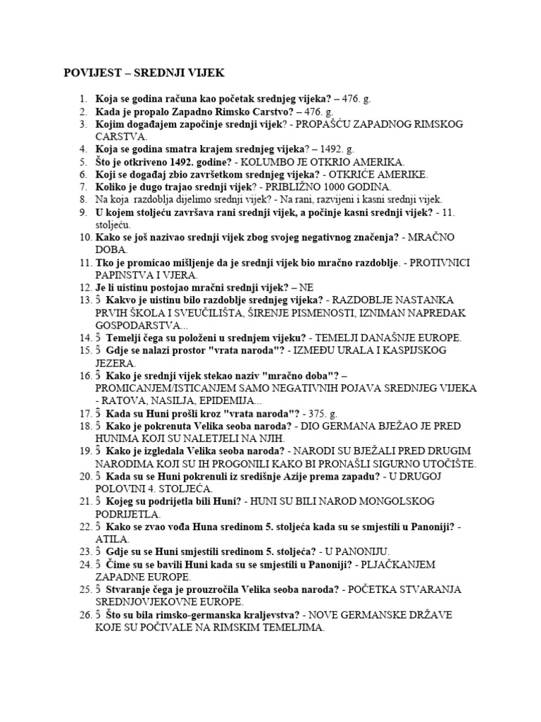 Ispitna Pitanja Povijest Srednji Vijek | PDF