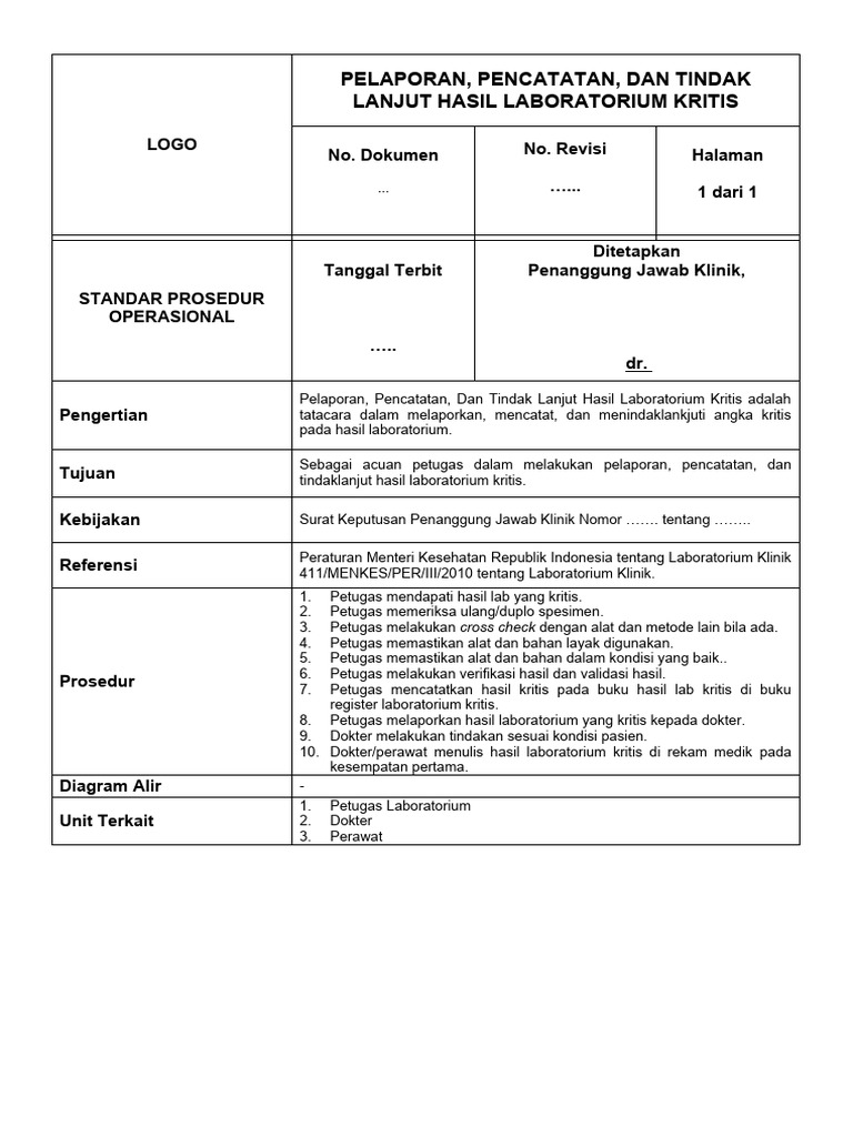 Spo Pelaporan, Pencatatan, Dan Tindak Lanjut Hasil Laboratorium Kritis ...