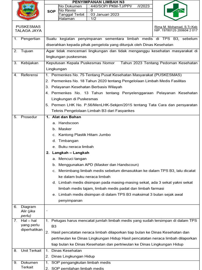 Sop Penyimpanan Limbah Medis B3 | PDF