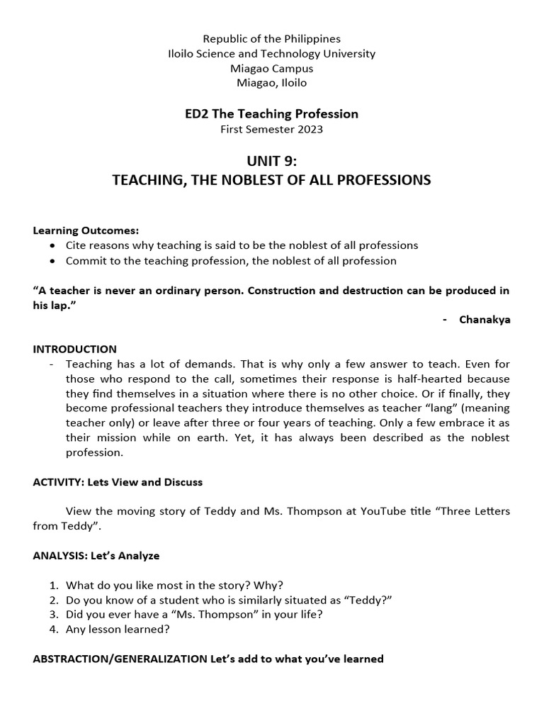 Unit9 Teaching The Noblest of All Professions - Final | PDF