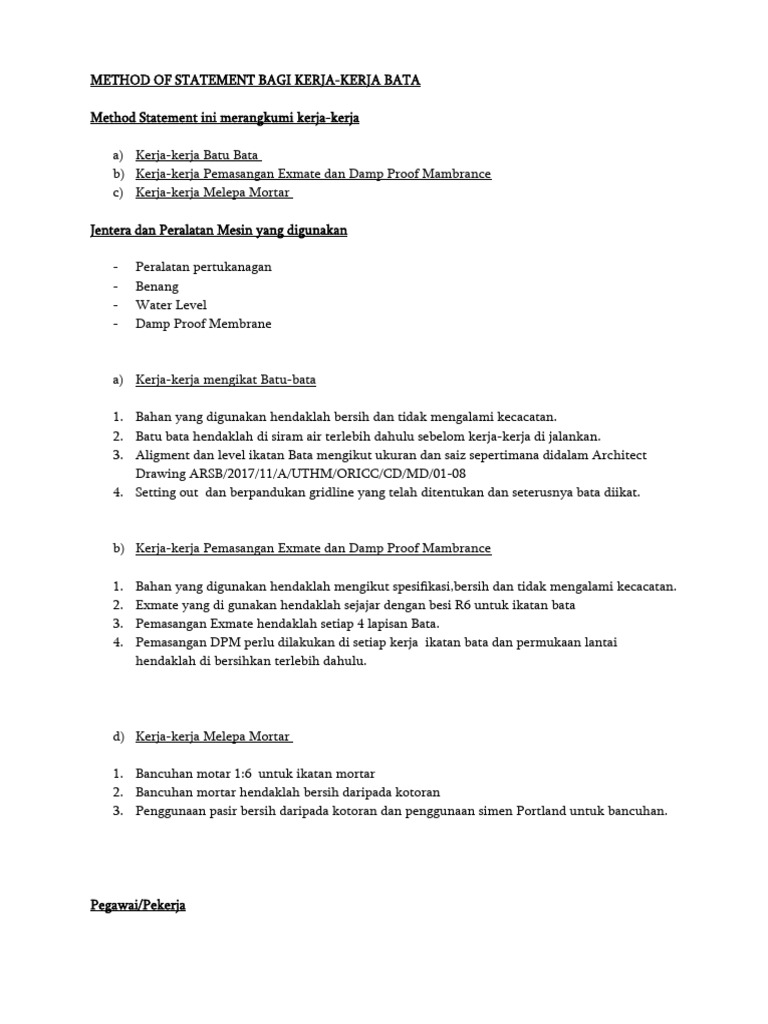 Method of Statement - Kerja Bata | PDF | Sains & Matematika | Teknologi ...