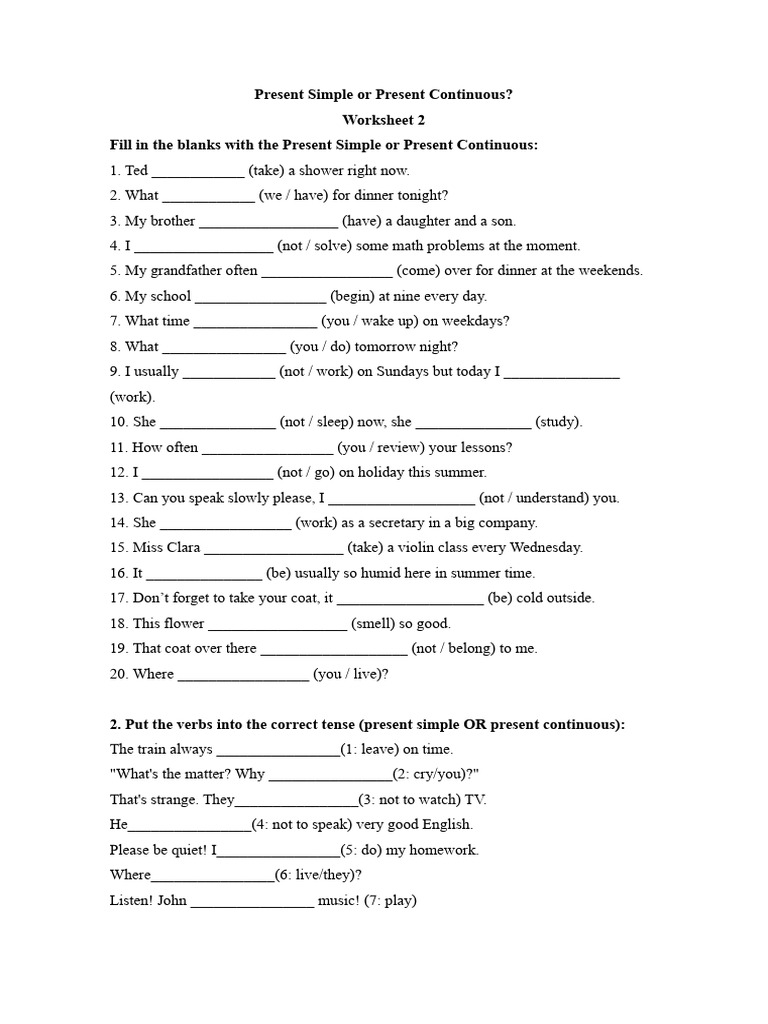 Present Simple or Present Continuous worksheets | PDF