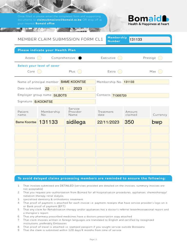 Bomaid 25 Jan Member Claim Submission Form CL1 1 - 2023 | PDF | Therapy | Health Care