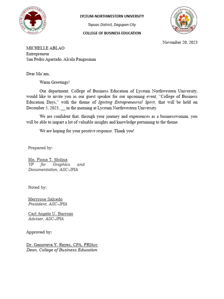 Invitation Letter For Guest Speaker Cbe Days | PDF