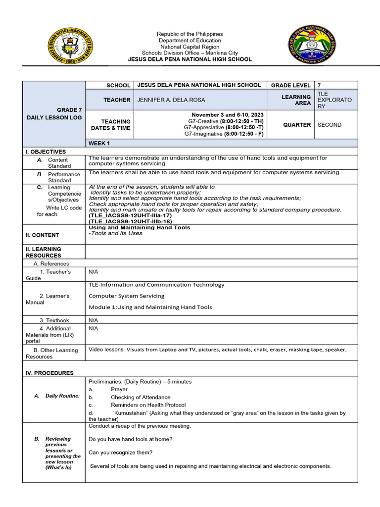 DLL - Tle G7 - CSS - W1 | PDF | Learning | Lesson Plan