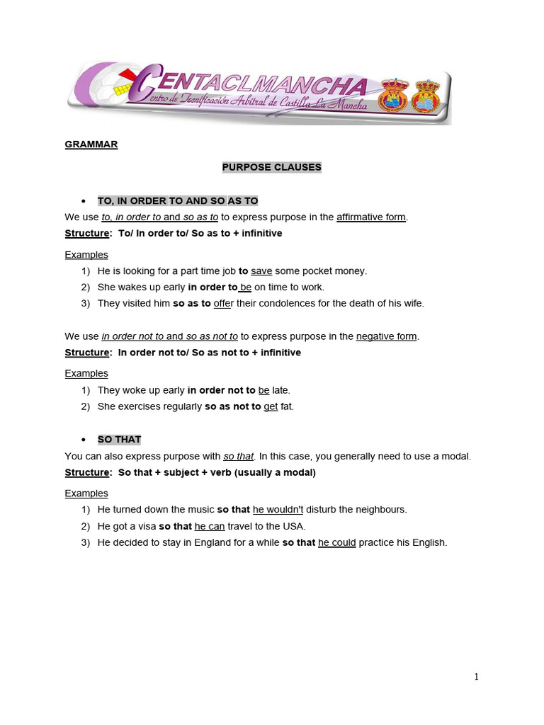 Grammar Purpose Clauses: Order To and So As To To Express Purpose in ...