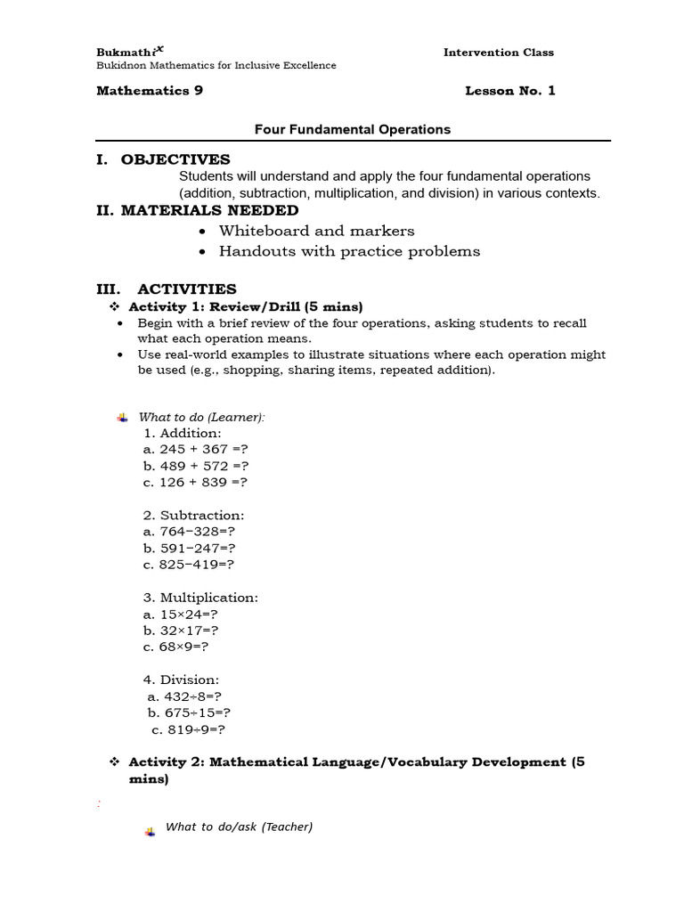 1.1four Fundamental Operations | PDF | Multiplication | Learning
