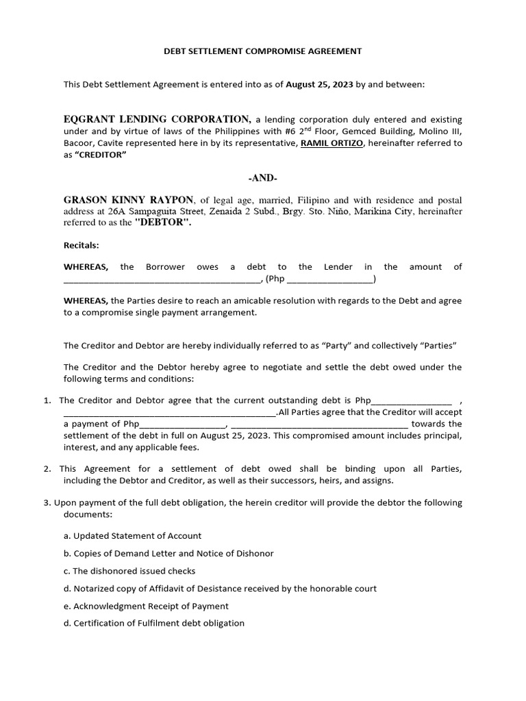 Debt Settlement Agreement Grason | Download Free PDF | Debt | Debtor