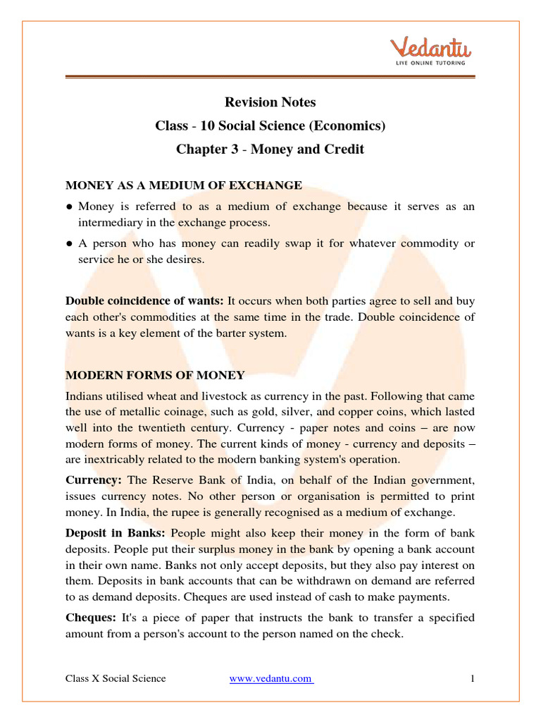 Money and Credit Class 10 Notes CBSE Economics Chapter 3 (PDF) | PDF ...