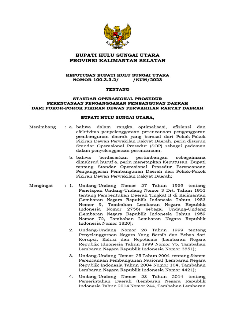 Draft SK Bupati SOP Perencanaan Pokir DPRD HSU | PDF