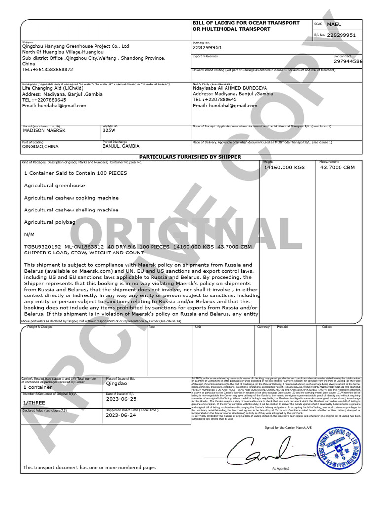 Bill of Lading for Agricultural Shipment | PDF | Bill Of Lading | Cargo