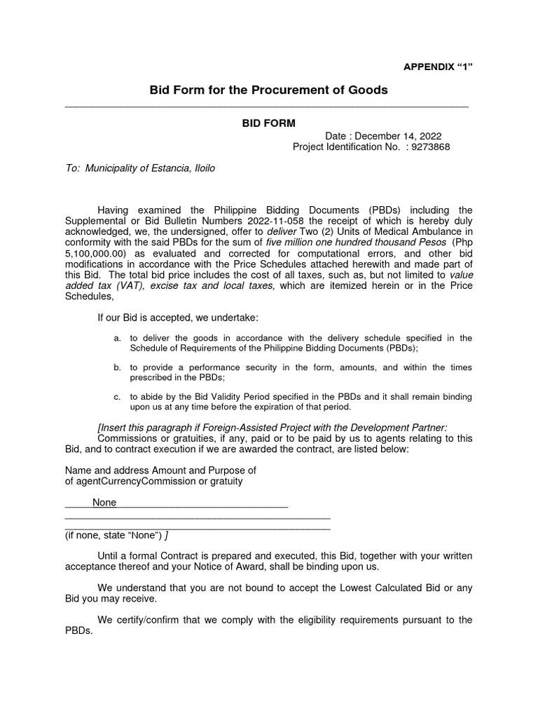 Bid Form for Medical Ambulance Procurement | PDF | Taxes | Economies