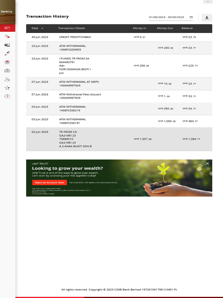 June 2023 CIMB Bank Transaction Log | PDF