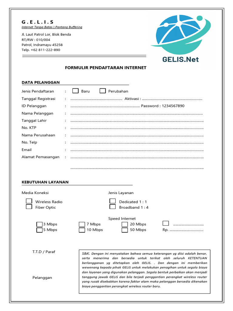 Formulir Pendaftaran Internet GELIS | PDF