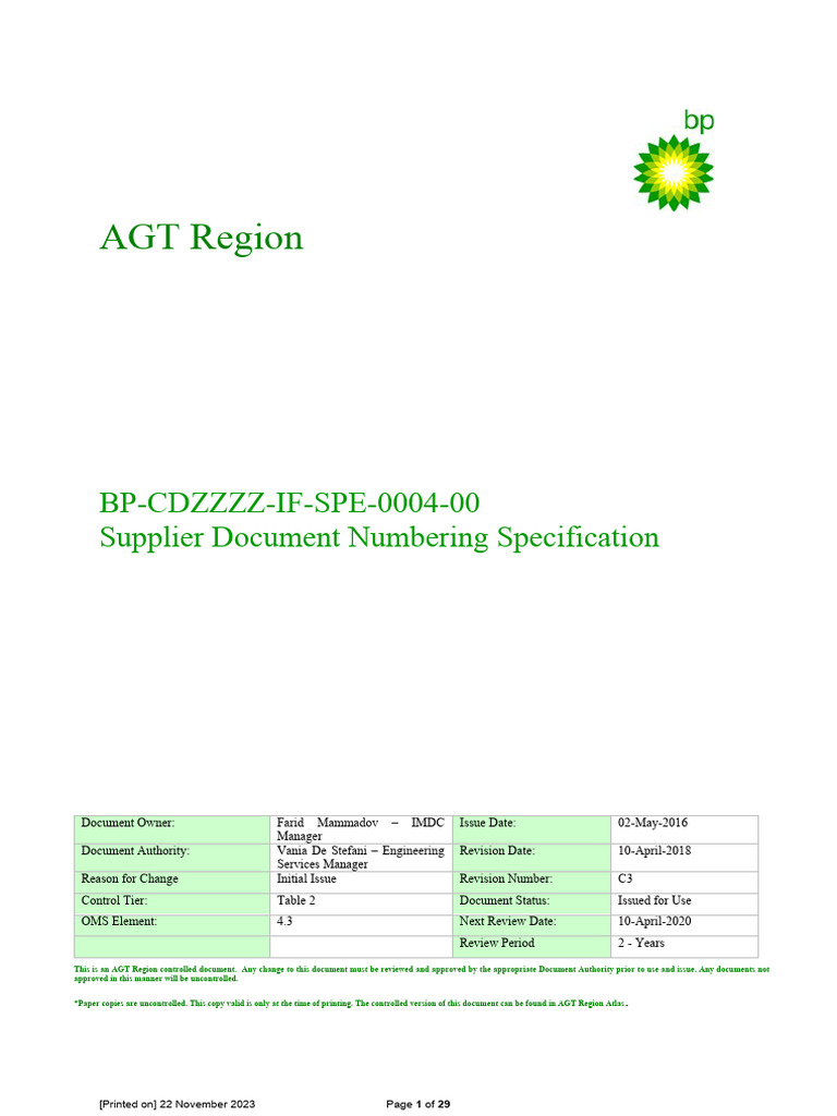 BP-CDZZZZ-IF-SPE-0004-00-C03 Supplier Document Numbering Specification | PDF | Specification ...