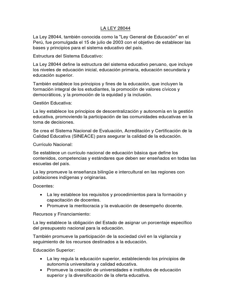 Resumen de la Ley 28044 en Perú | PDF | Inclusión (Educación ...