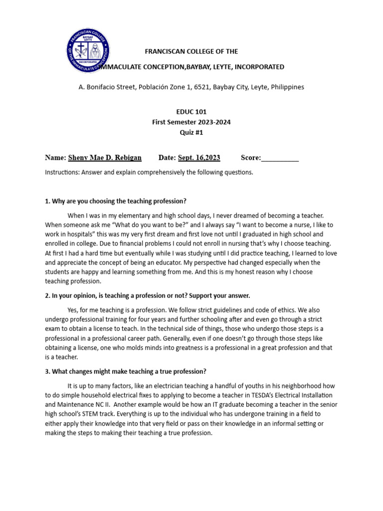 Educ 101 Quiz #1rebigan | PDF | Teachers | Profession