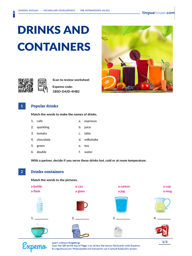Drinks and Containers Vocabulary Guide | PDF | Linguistics