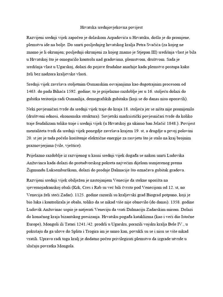 Hrvatska Srednjovjekovna Povijest PREDAVANJA | PDF