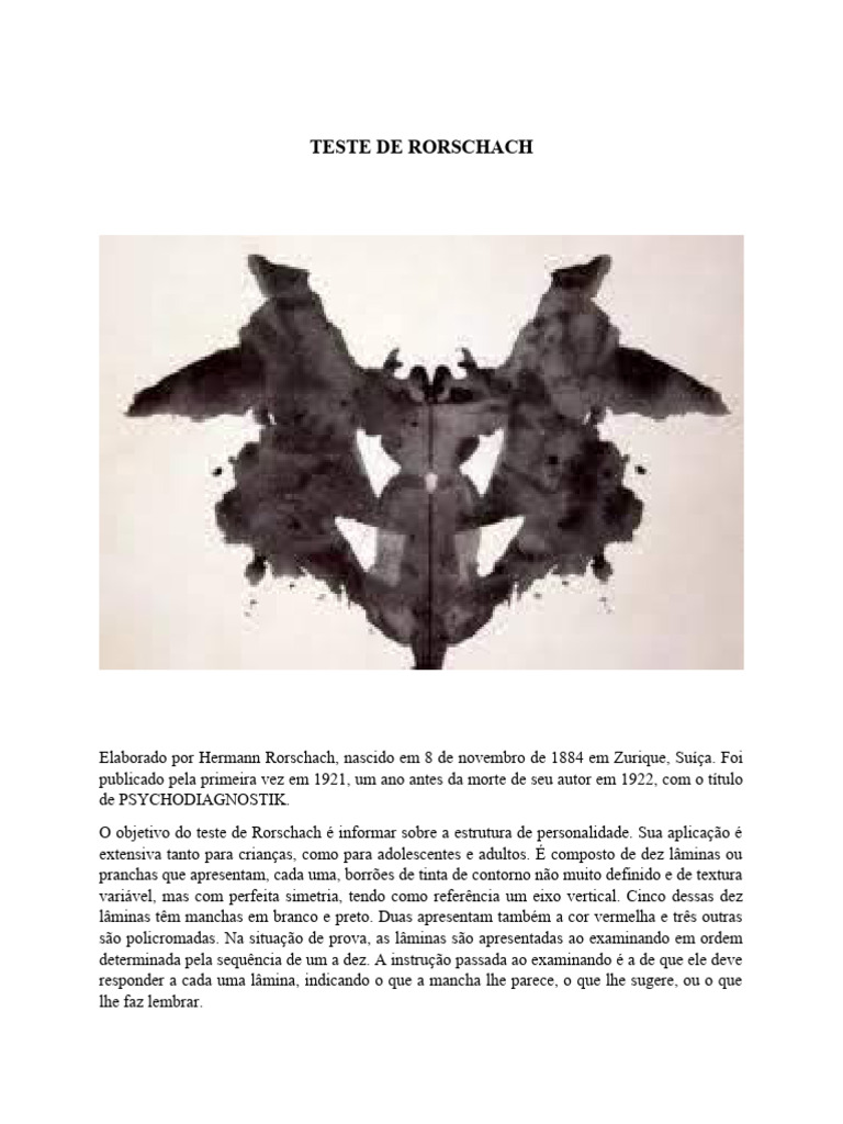 Teste de Rorschach | PDF | Psicologia | Ciências comportamentais Teste de Rorschach | PDF | Psicologia | Ciências comportamentais