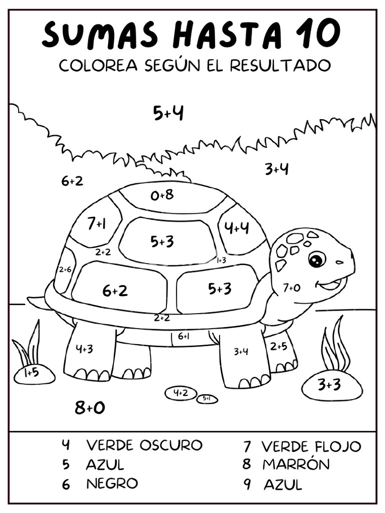 (2 COPIAS) Ficha Matemáticas Sumas hasta 10 Colorear Tortuga | PDF