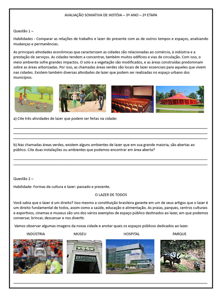 Avaliação Somativa de História 3º Ano - 2 Etapa | PDF | Lazer