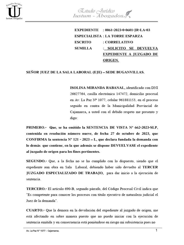 Solicito Devolucion de Expediente A Juzgado de Origen | PDF | Sentencia (ley) | Demanda judicial