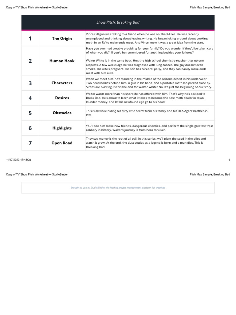 TV Show Pitch Worksheet - StudioBinder | PDF