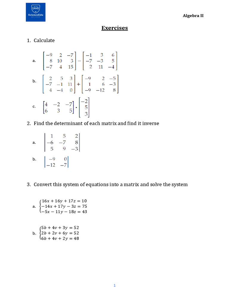 Matrix Exercises Pdf 