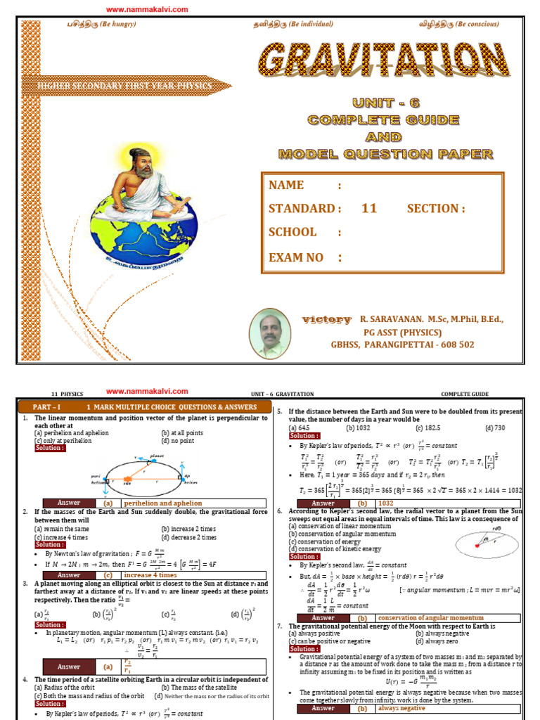 Namma Kalvi 11th Physics Study Material Unit 6 EM 221094 | PDF | Orbit | Mass