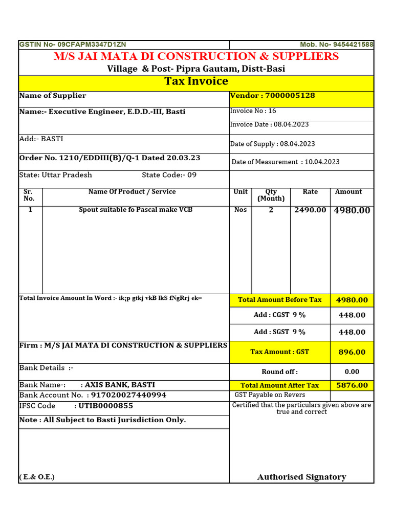 M/S Jai Mata Di Construction & Suppliers: Tax Invoice | PDF | Invoice ...