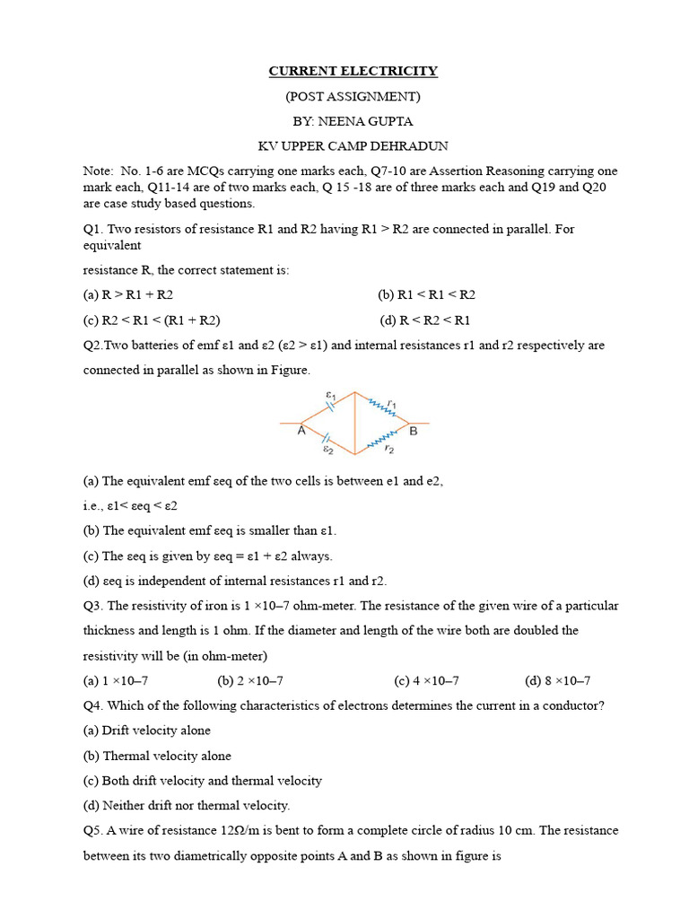 CURRENT ELECTRICITY (Post Assignment) | PDF | Series And Parallel Circuits | Physical Quantities