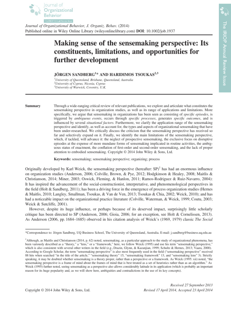 Making Sense of The Sensemaking Perspective: Its Constituents, Limitations, and Opportunities ...