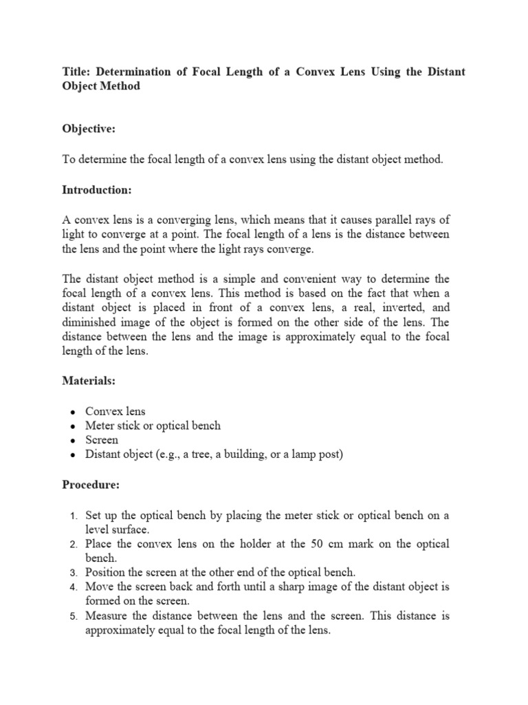 Physics Convex Lens Distant Method Finding Focal Length Project Report ...