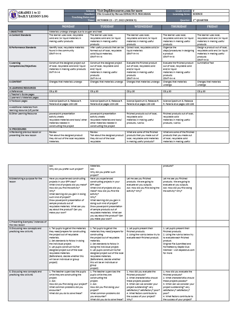 DLL - Science 5 - Q1 - W9 | PDF | Learning | Differentiated Instruction