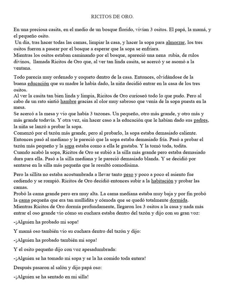 Cuento de Ricitos de Oro resumido | PDF | Ricitos de oro y los tres osos
