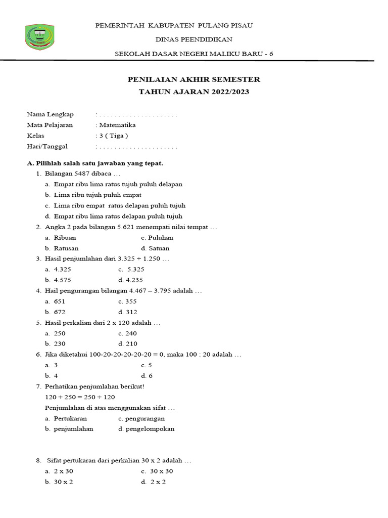Soal Pas MTK Kelas 3 | PDF