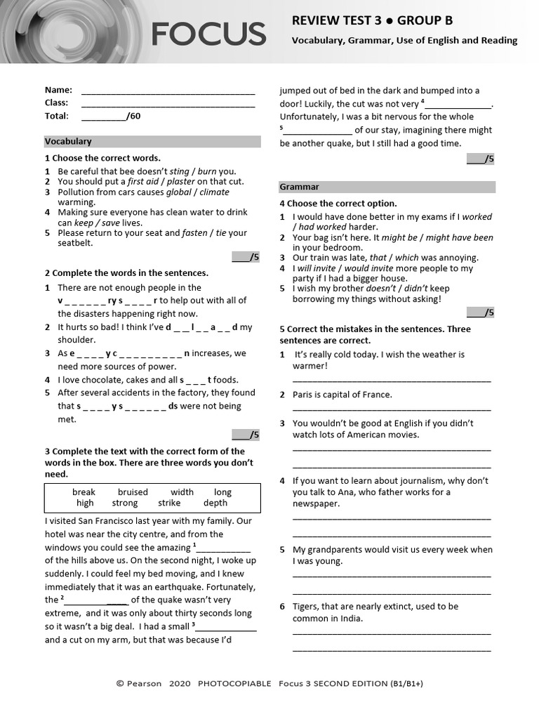 Focus3 2E Review Test 3 Units1 6 Vocabulary Grammar UoE Reading GroupB ...
