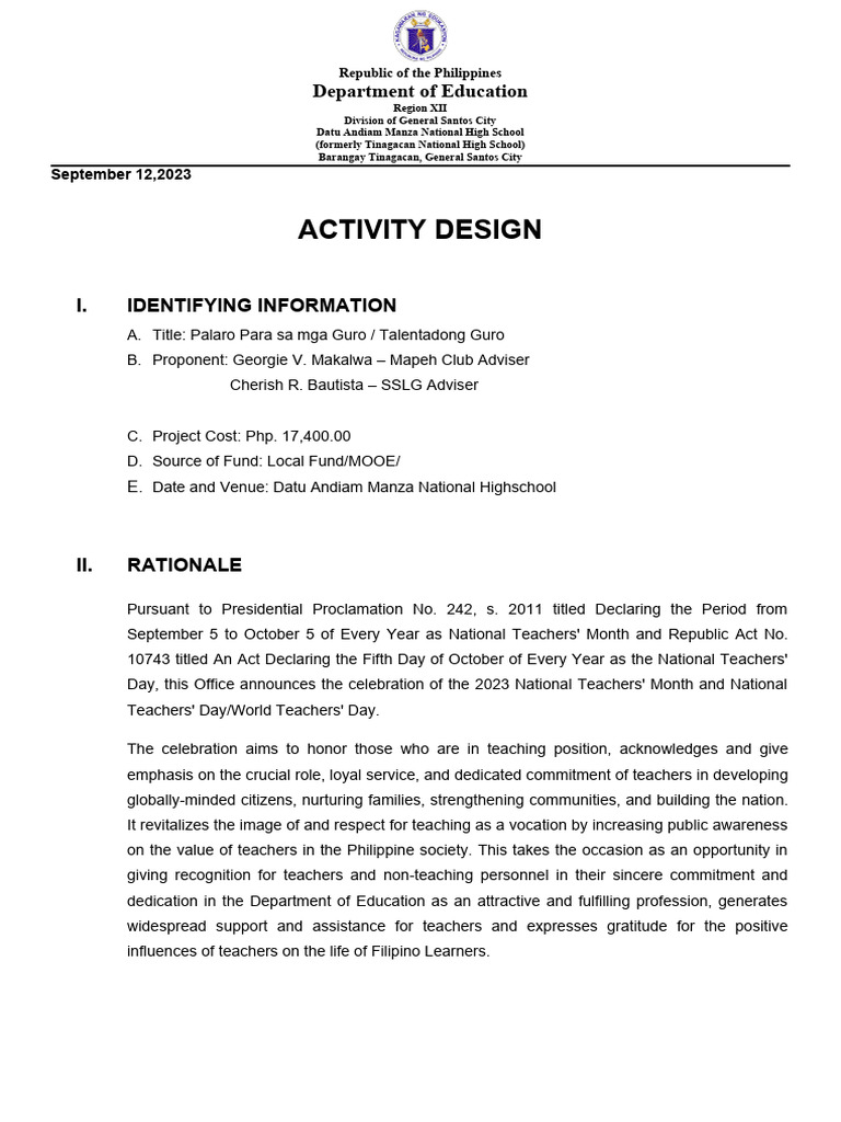 Teachers Day Activity Plan | PDF | Philippines