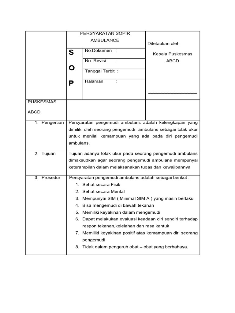 SOP Persyaratan Sopir Ambulan | PDF