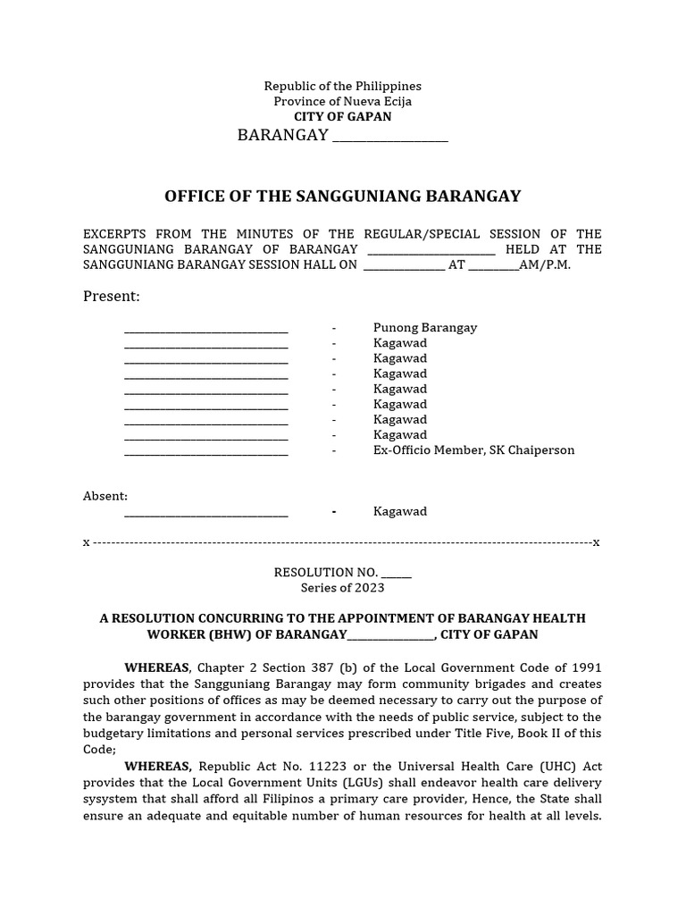 Resolution On The Appointment of Barangay Health Worker | PDF | Justice ...