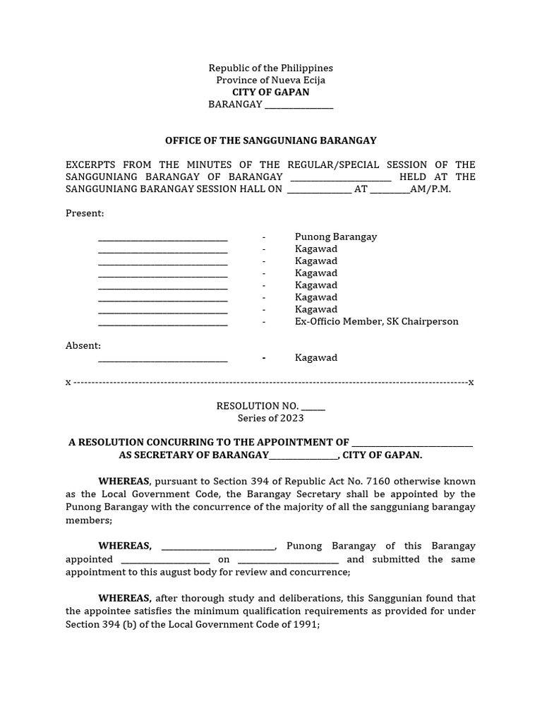 Resolution On The Appointment of Barangay Secretary | PDF | Government ...