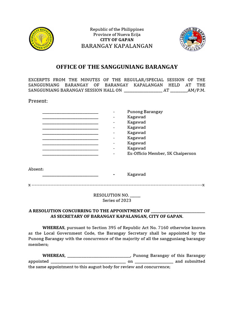 Resolution On The Appointment of Barangay Treasurer | PDF | Government ...