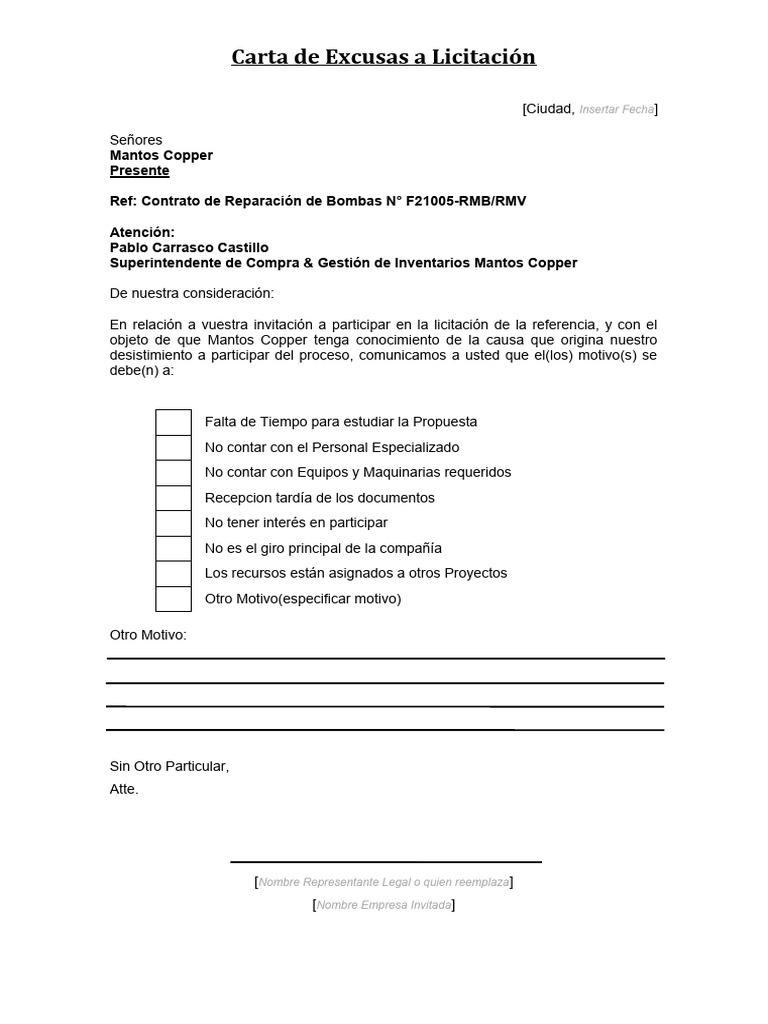 11.- Modelo Carta de Excusas a Licitación | PDF