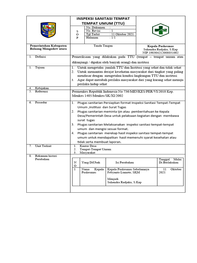 SOP Kesling Inspeksi TTU | PDF
