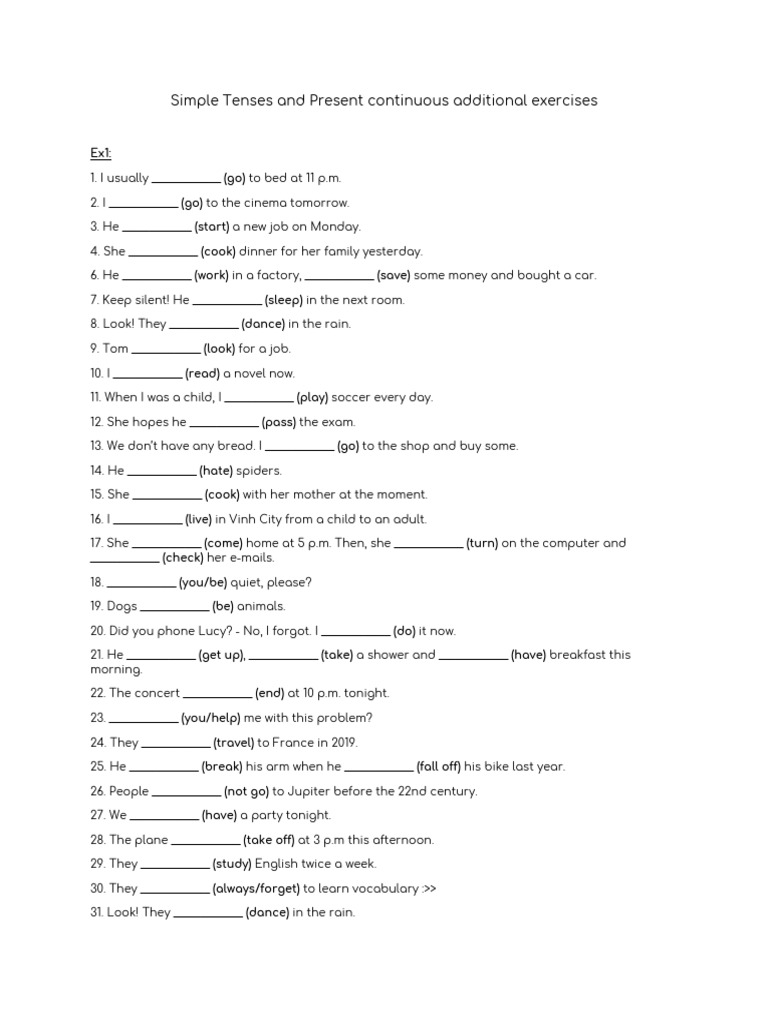 Simple Tenses and Present Continuous Additional Exercises | PDF