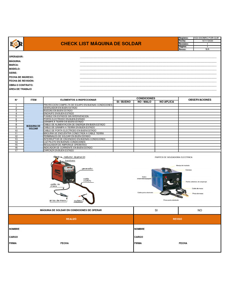 Check List para Máquina de Soldar | PDF | Ingenieria Eléctrica | Bienes ...
