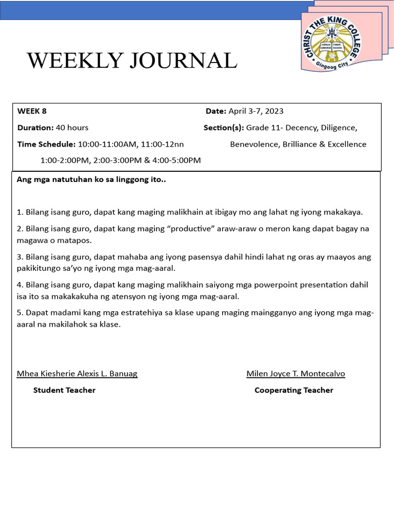 Weekly Journal 8 - Internship | PDF